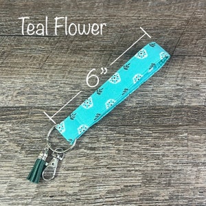 Teal Key Fob Wristlet Keychain Tassels Lobster Claw Clipper Floral Lama ...