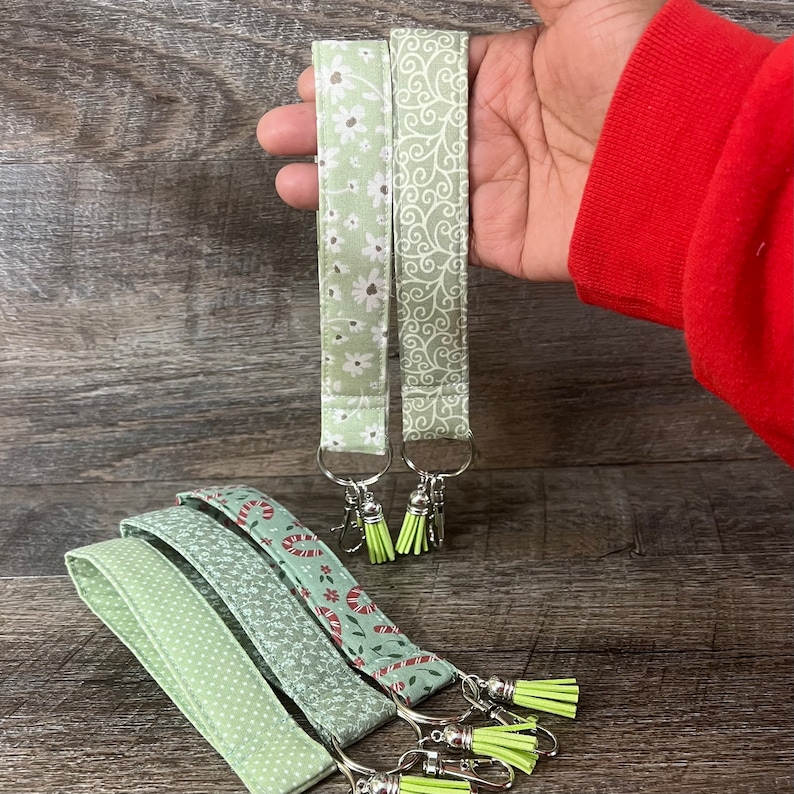 Sage Green Wristlet Keychains, Faded Green Floral Fabric Keyfob ...