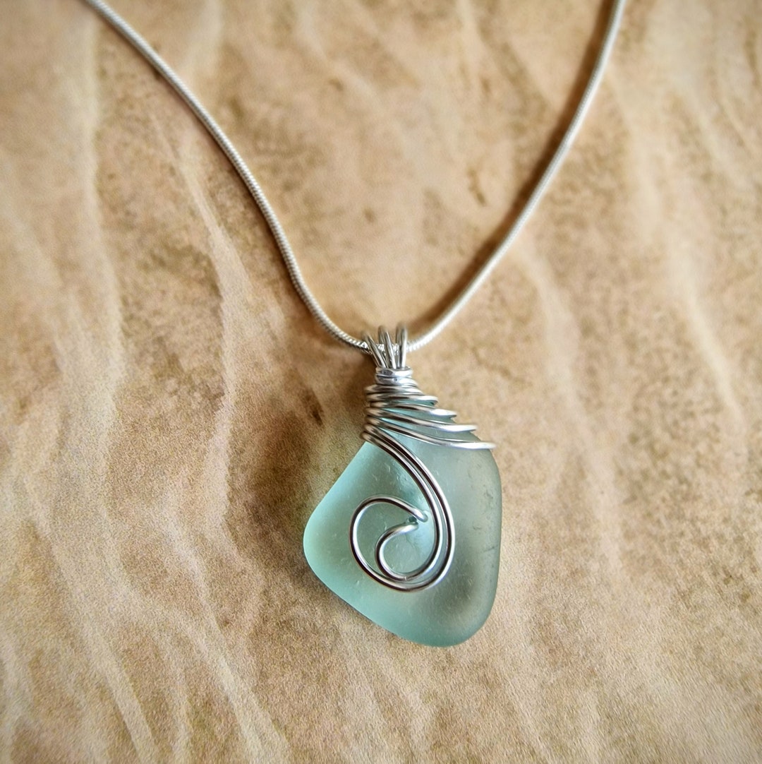 Handmade Sea Glass Necklace, Silver Swirl Pendant, Recycled Ocean ...