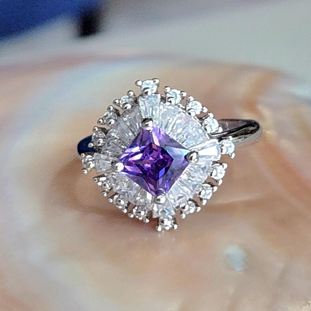 Princess Cut Amethyst Ring With Cubic Zirconia Set in Sterling Silver ...