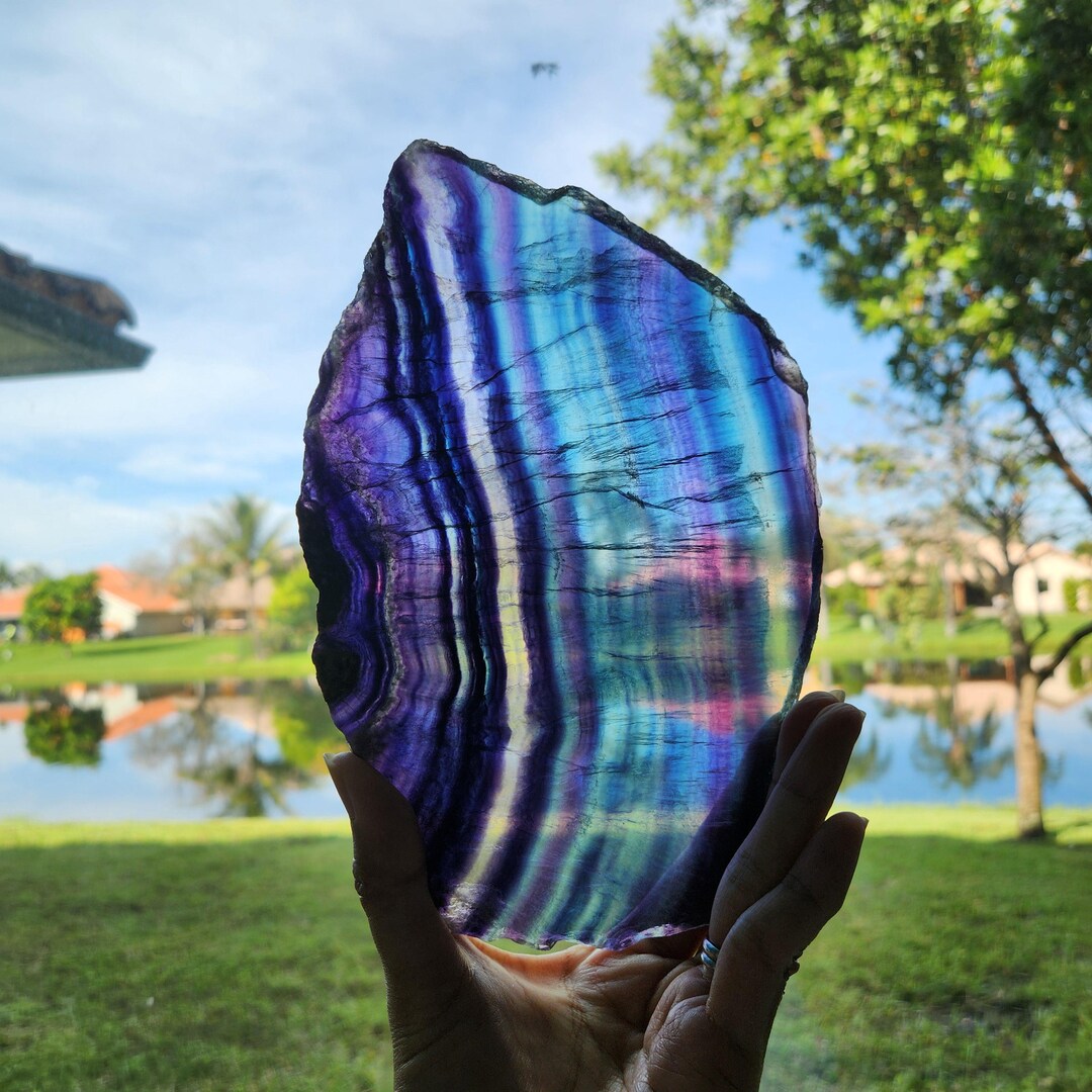 Fluorite Slab • 8" Extra Large Raw Rainbow Fluorite Slice •rough Blue ...