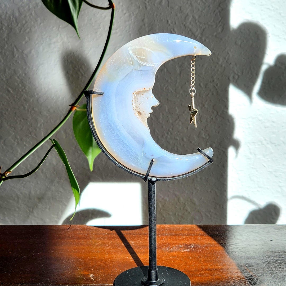 Agate Moon • 8" Agate Moon Face With Charm on Stand • Agate Cresent ...