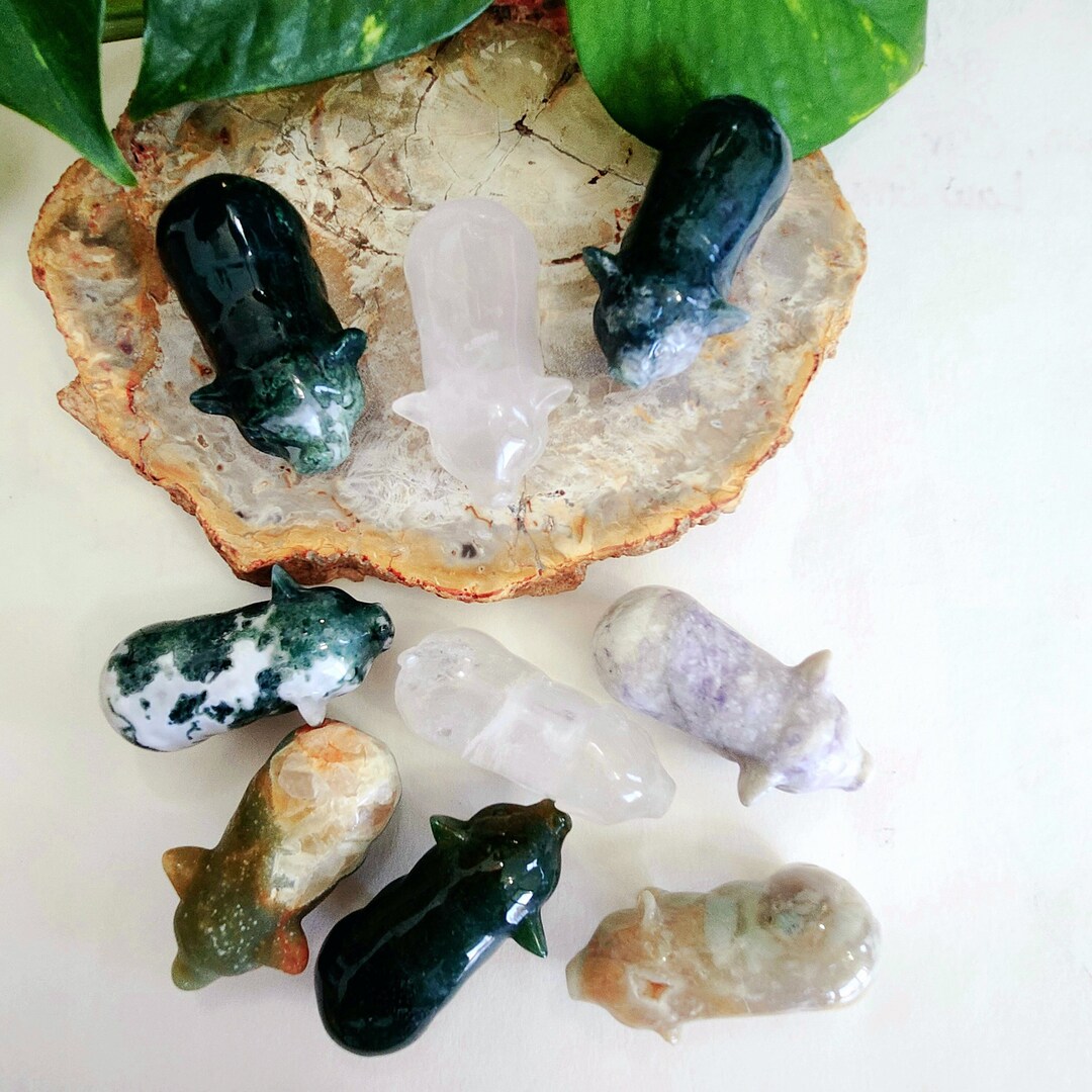 Moss Agate Pig, Clear Quartz Piggy 2 Animal Crystal Carving Pig Carving ...