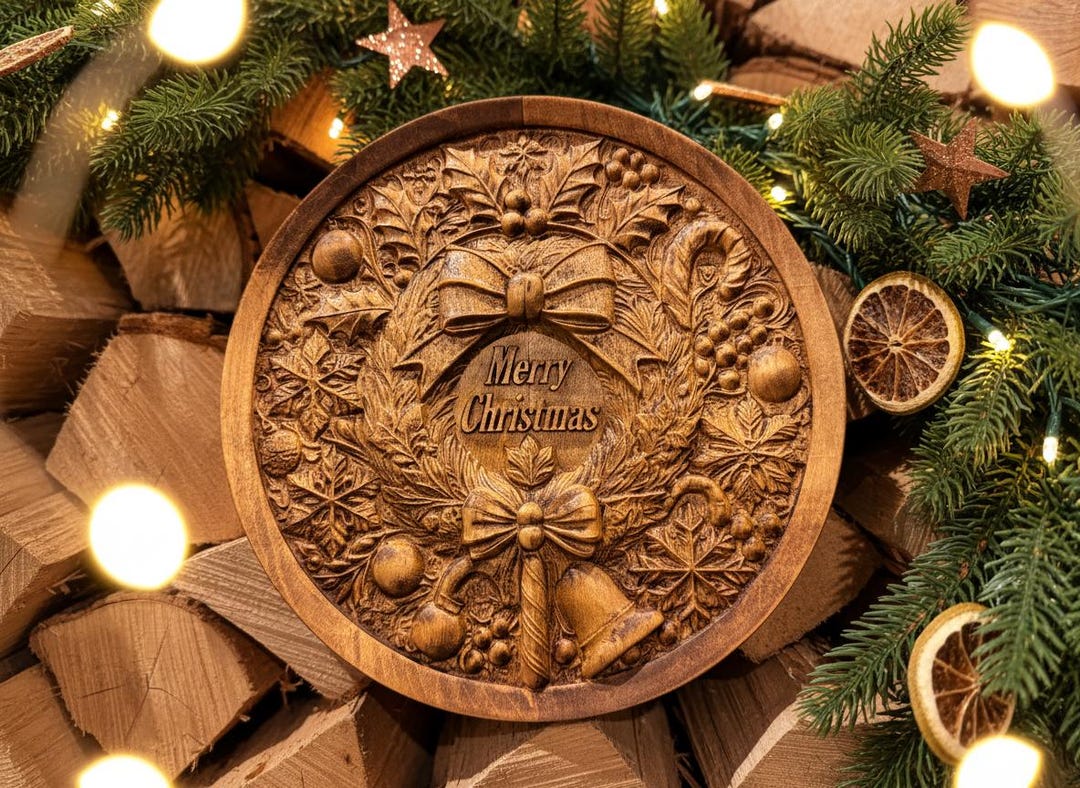16" Merry Christmas Wood Carved Sign, Rustic Holiday Wreath Plaque With ...