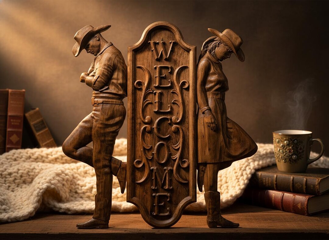 12" Western Cowboy & Cowgirl Welcome Sign, Hand Carved Wood Wall Art ...