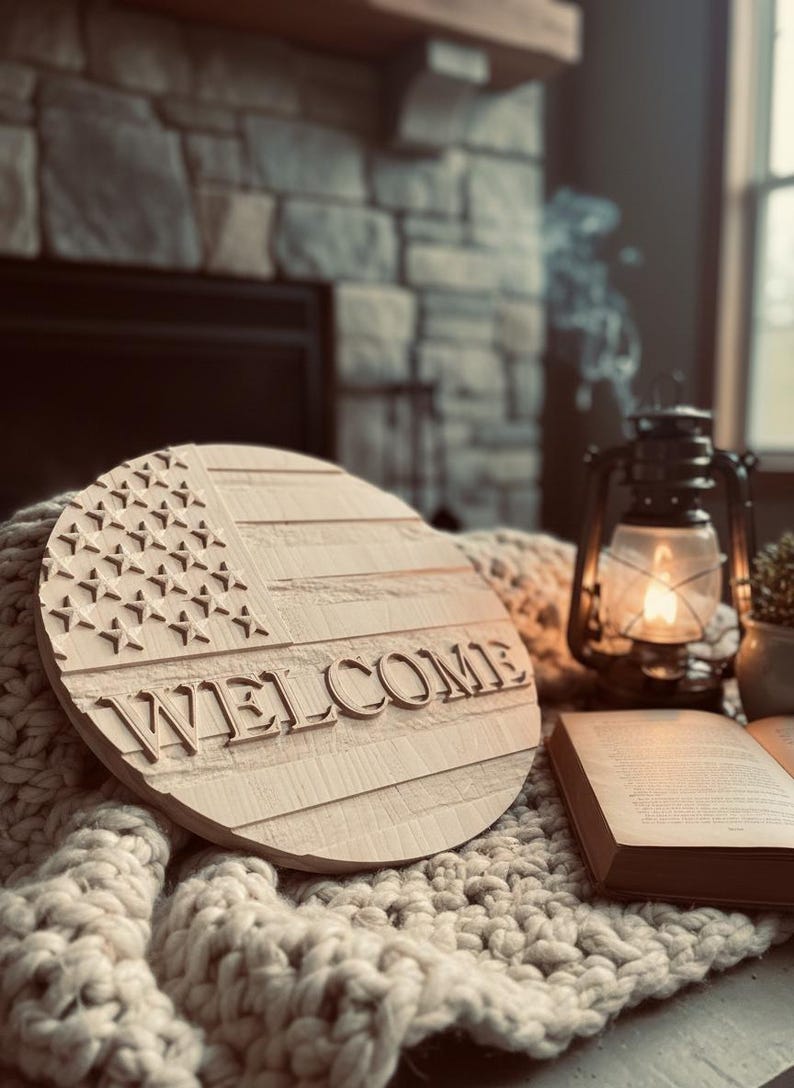 American Flag Welcome Sign — Carved Wood Porch Decor - Etsy