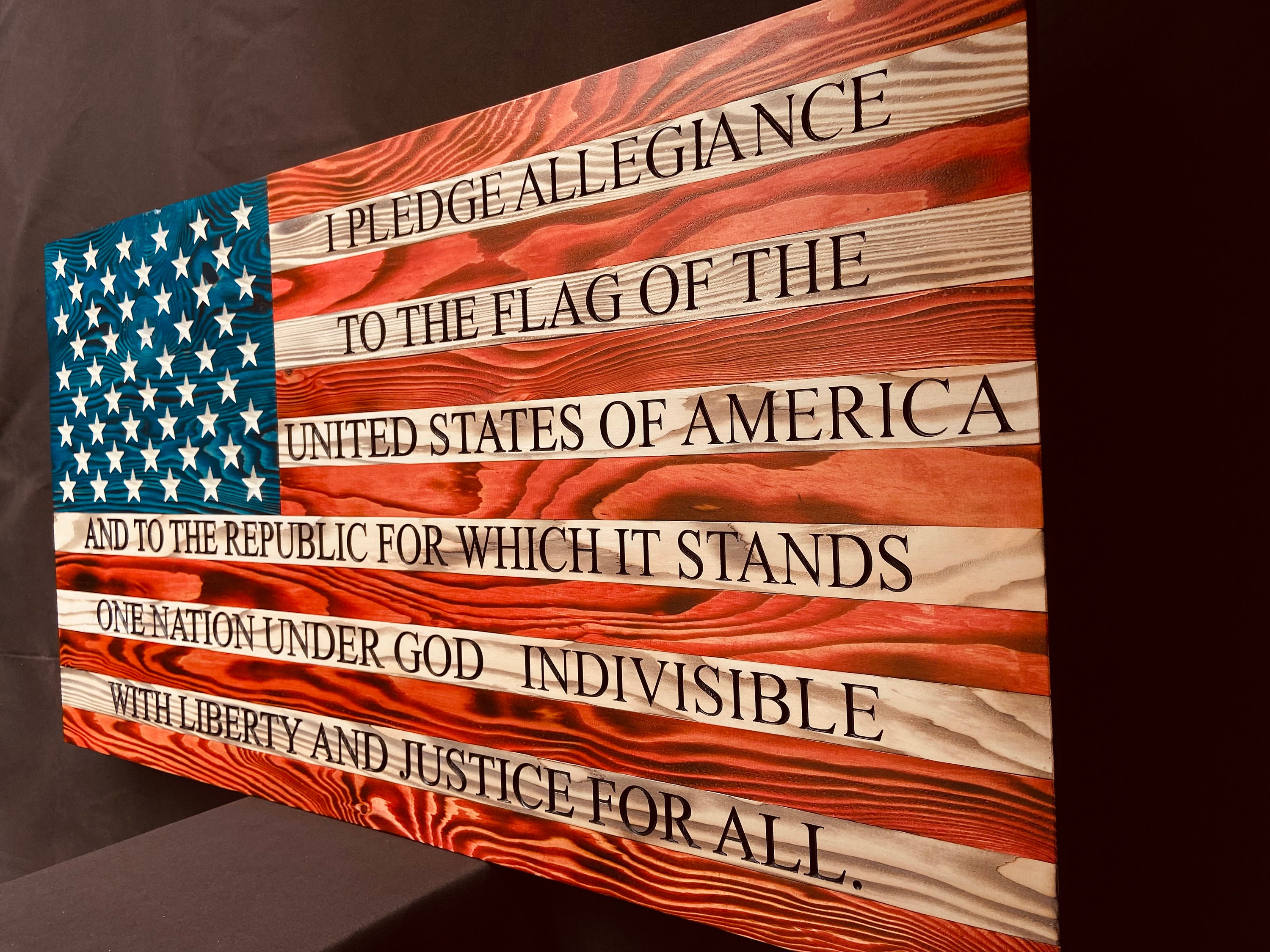 Rustic American Wooden Flag, Pledge of Allegiance Sign, Carved Hemlock ...