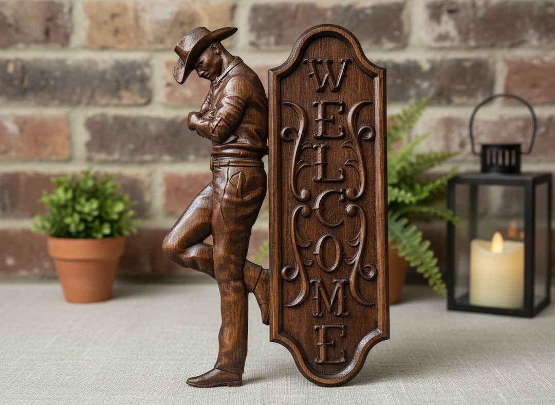 12" Leaning Cowboy Welcome Sign — Western Farmhouse Carved Wood Decor ...
