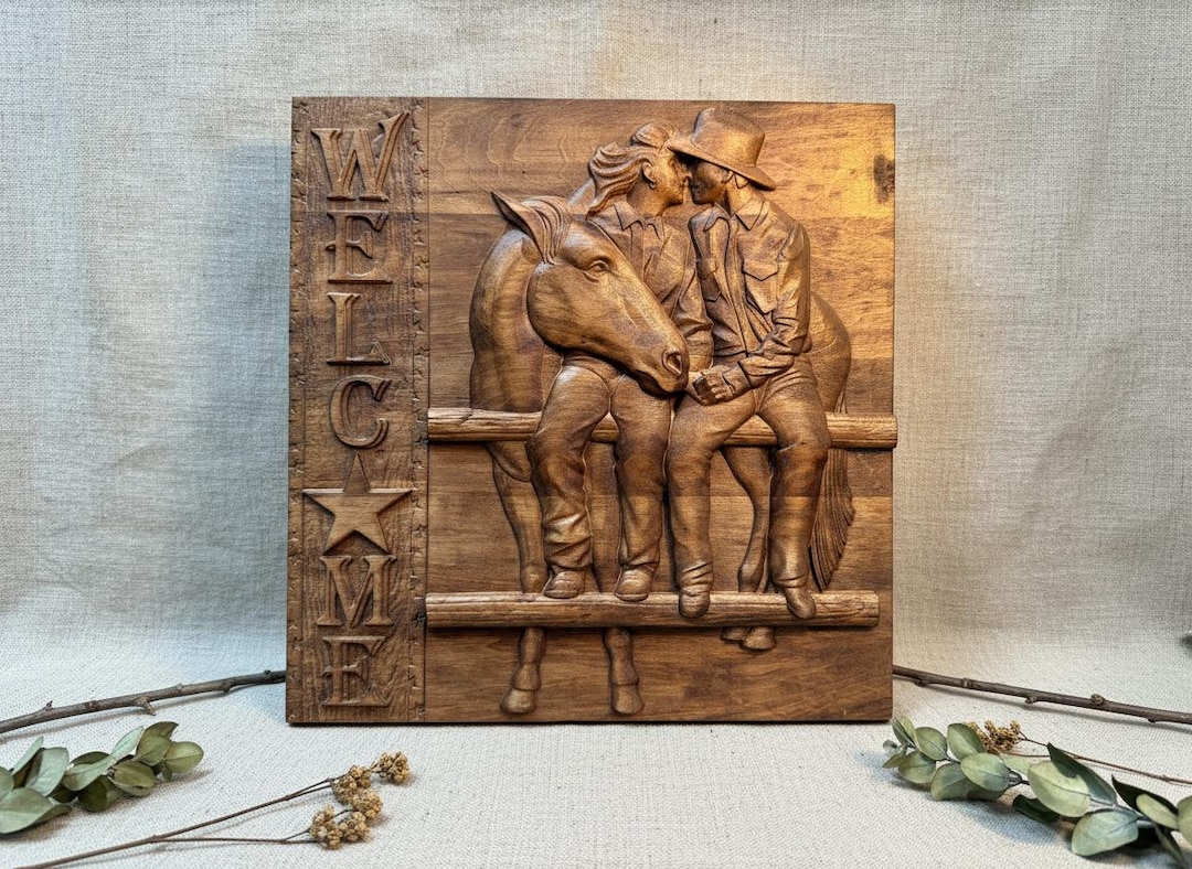 20" Rustic Western Welcome Sign: Carved Cowboy, Cowgirl & Horse - Maple ...