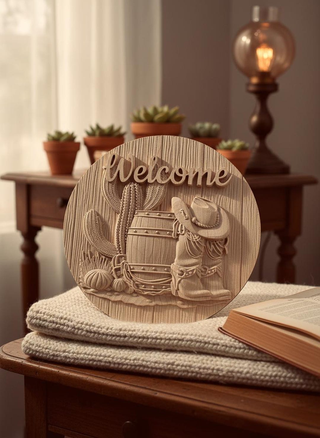 Rustic Western Welcome Sign: Cowboy Boots, Barrel & Cactus Wood Carving ...