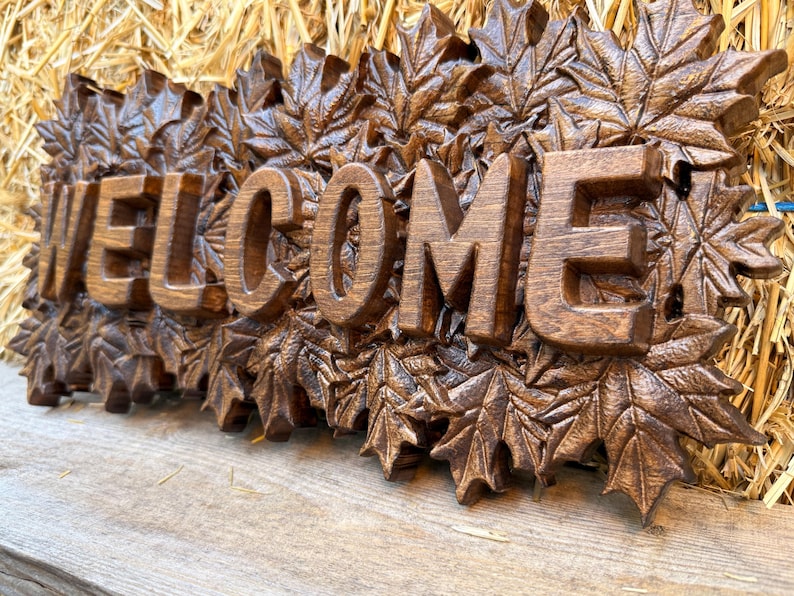 Carved Maple Leaf Welcome Sign – Rustic Wooden Wall Decor, Handcrafted ...