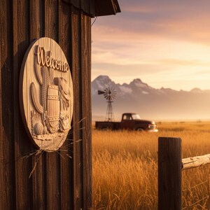Rustic Western Welcome Sign: Cowboy Boots, Barrel & Cactus Wood Carving ...