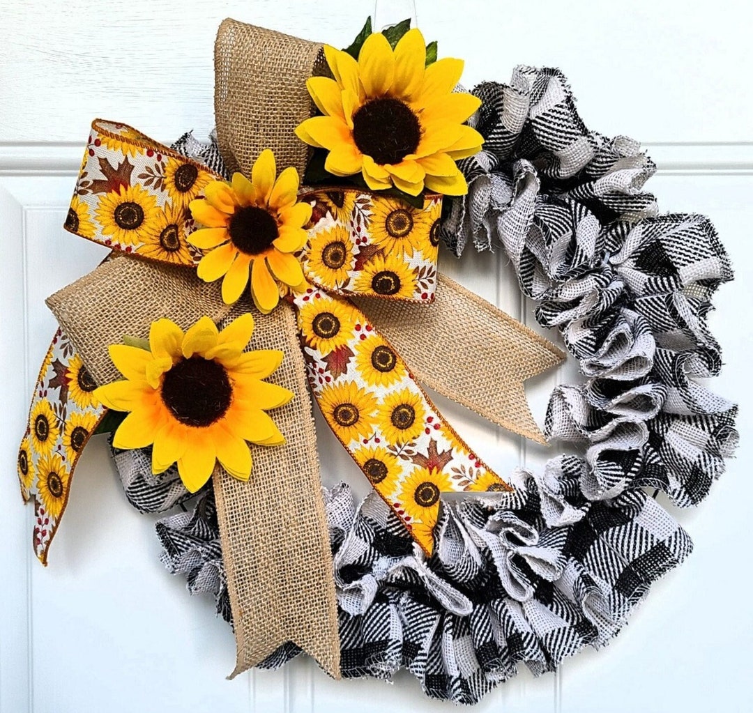 Spectacular Sunflower Buffalo Check Burlap Wreath; Fall Frontdoor ...