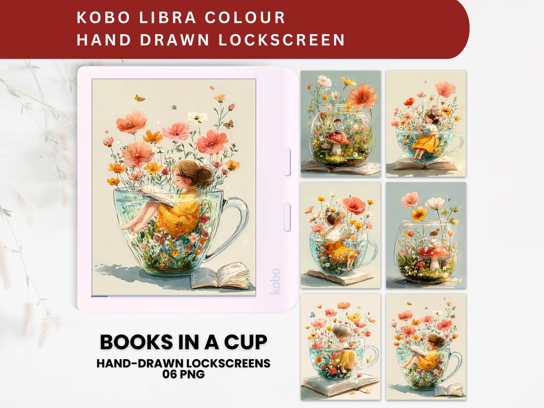 Floral Kobo Libra Lock Screen: Hand-drawn Book & Cup Design (PNG ...