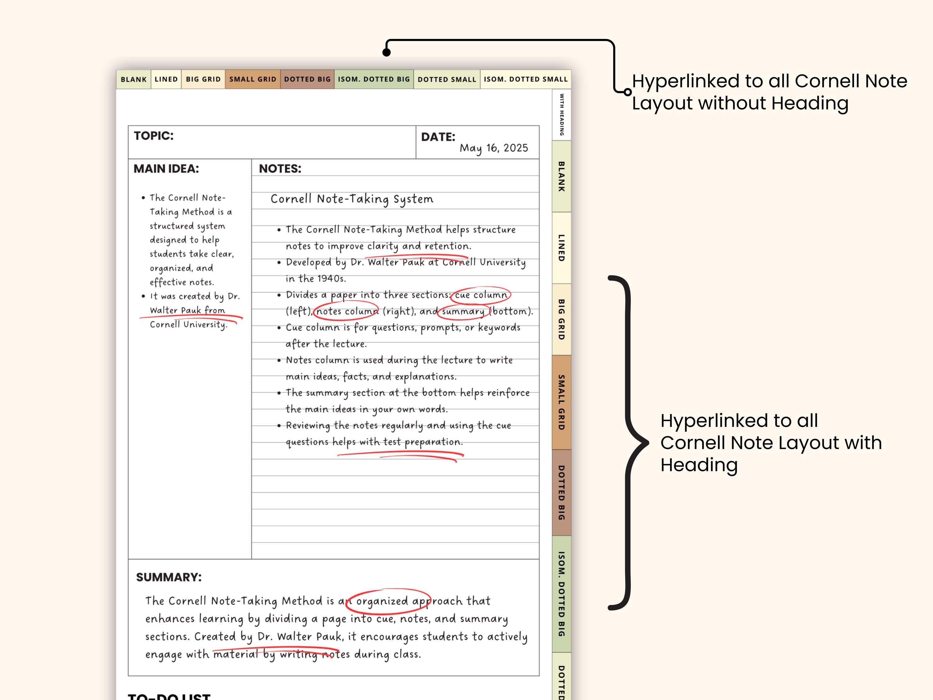 Cornell Notes Template for Remarkable Paper Pro Move Device ...