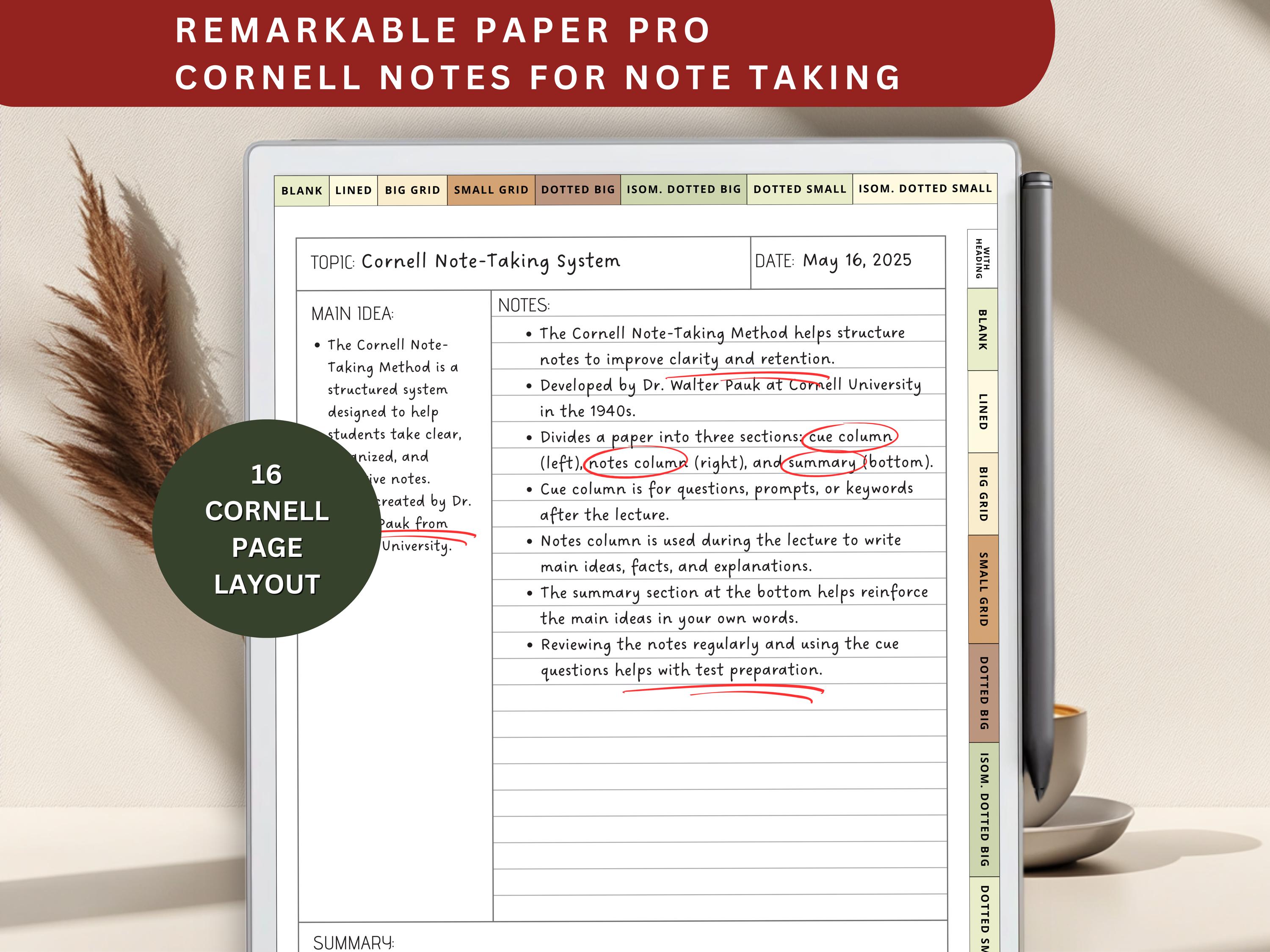 Cornell Notes Study Template for Remarkable Paper Pro Device, Study ...