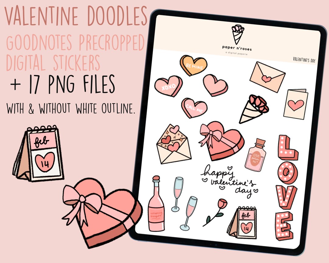 Goodnotes Valentine's Doodles Sticker Sheet Pre-cropped, Pink, Digital ...
