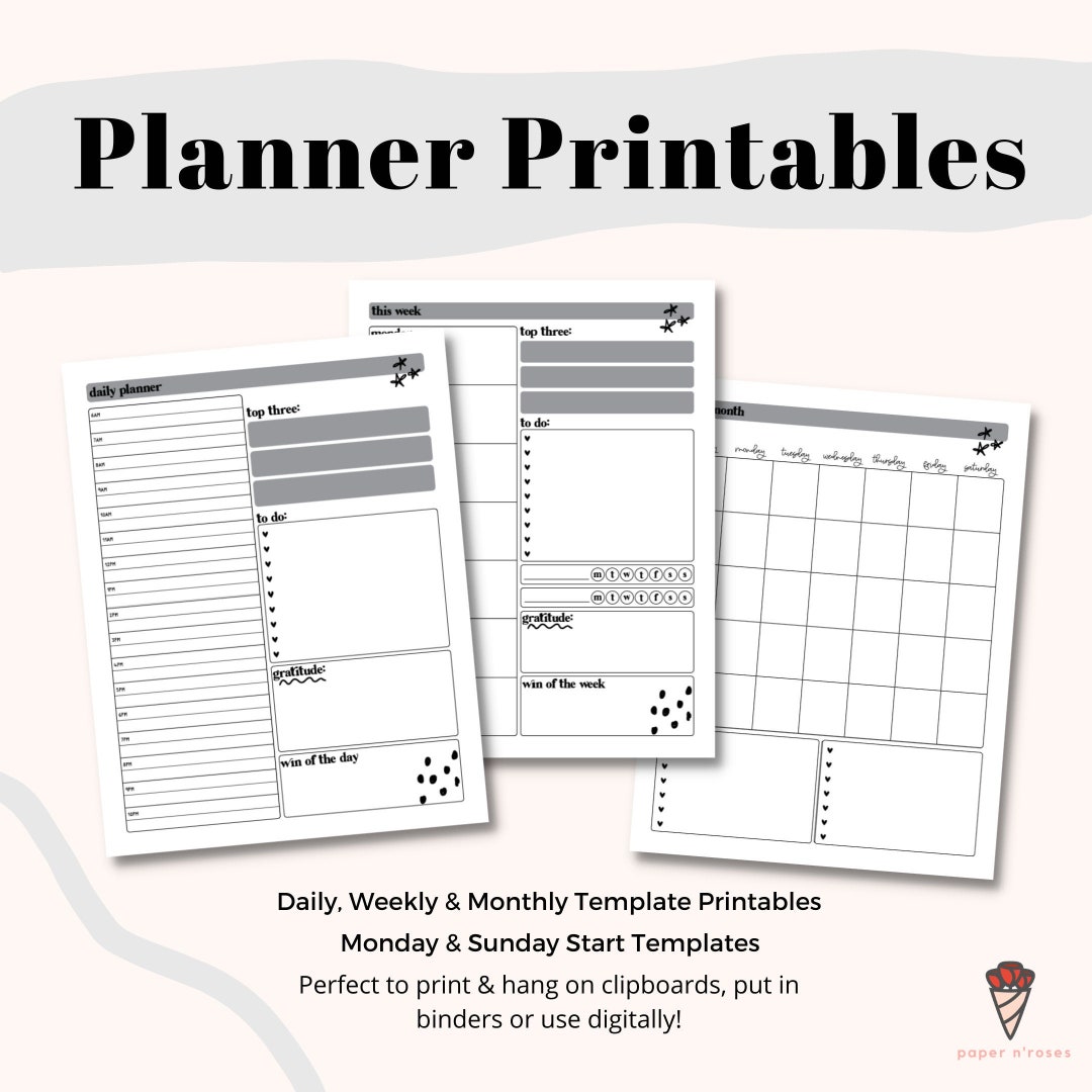 Daily, Weekly and Monthly Blank Printable Planner Templates ...