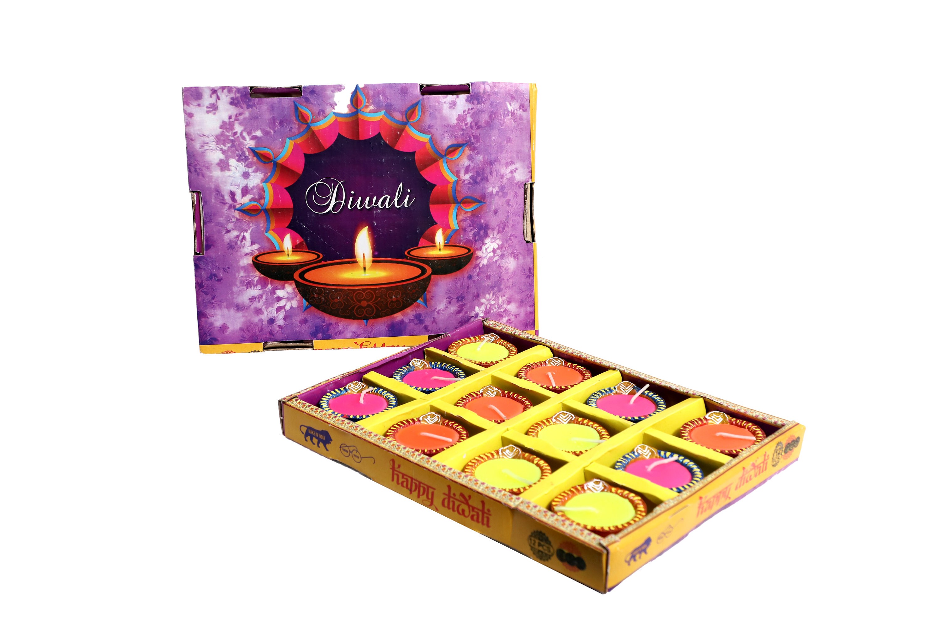Pack of 24 Festive Colour Wax Diyas Decorations Lamp Diwali Lights Clay ...