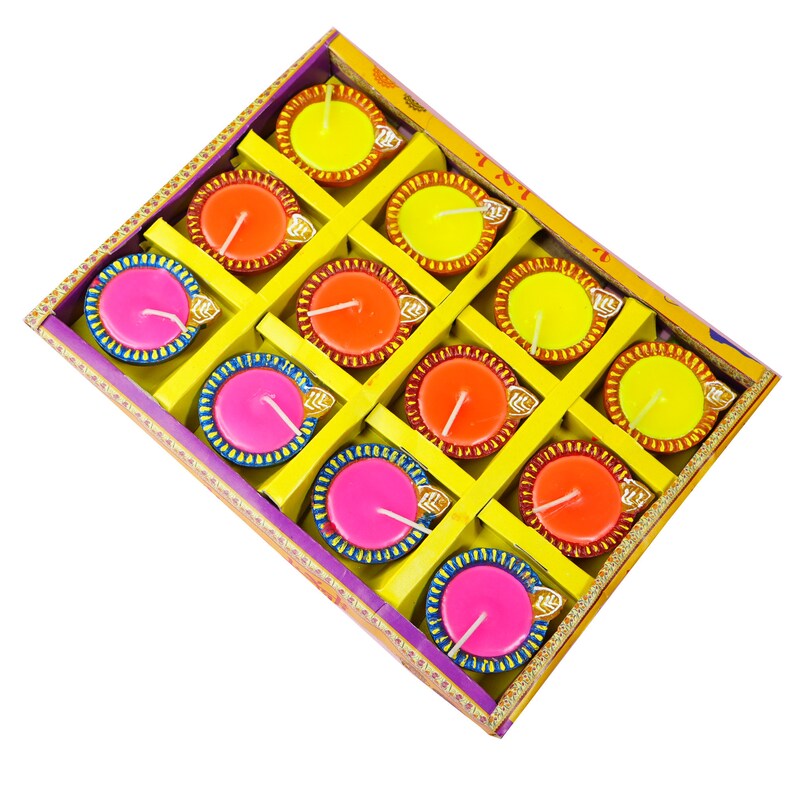 Pack of 24 Festive Colour Wax Diyas Decorations Lamp Diwali Lights Clay ...