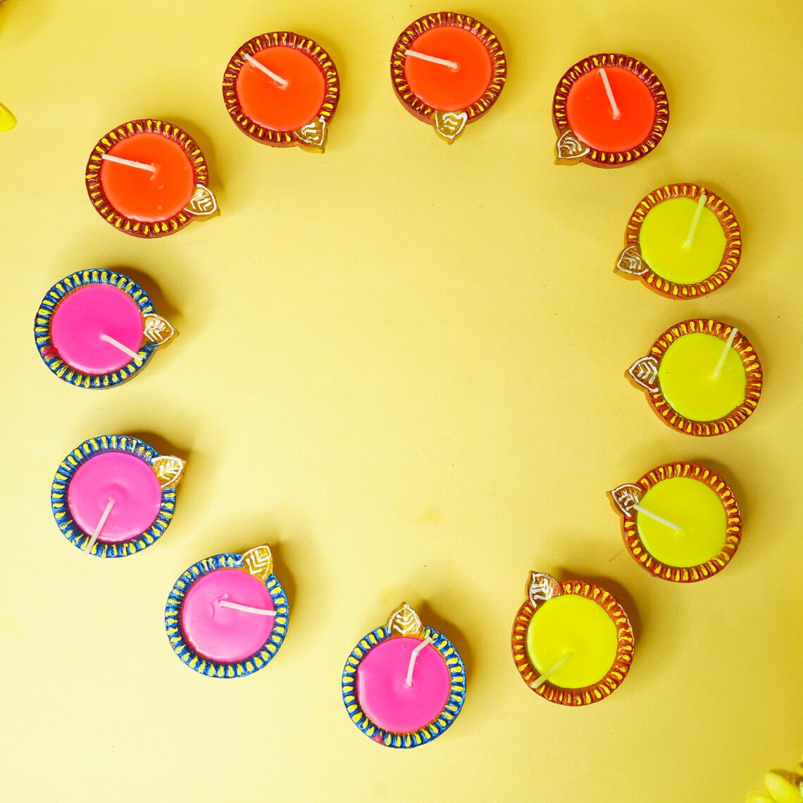 Pack of 24 Festive Colour Wax Diyas Decorations Lamp Diwali Lights Clay ...