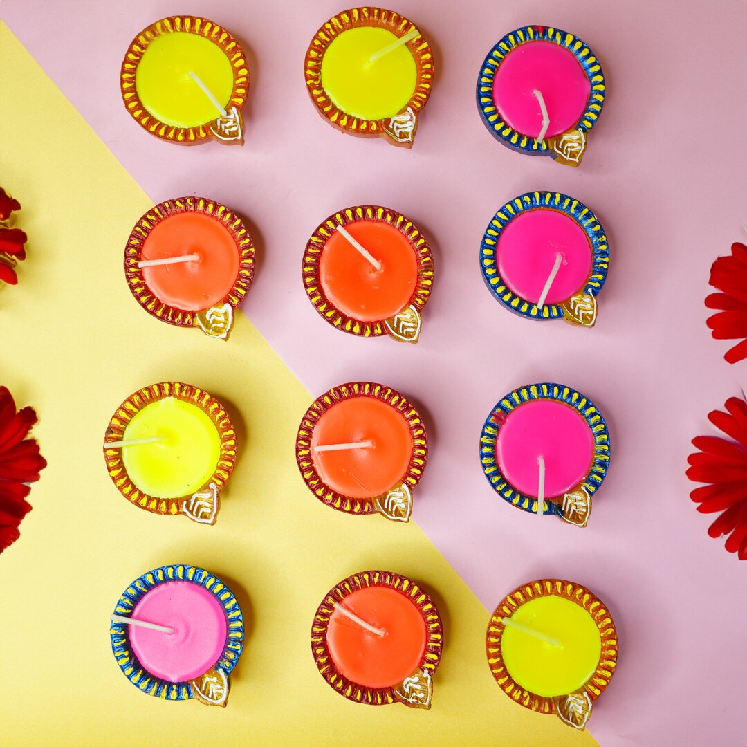 Pack of 24 Festive Colour Wax Diyas Decorations Lamp Diwali Lights Clay ...