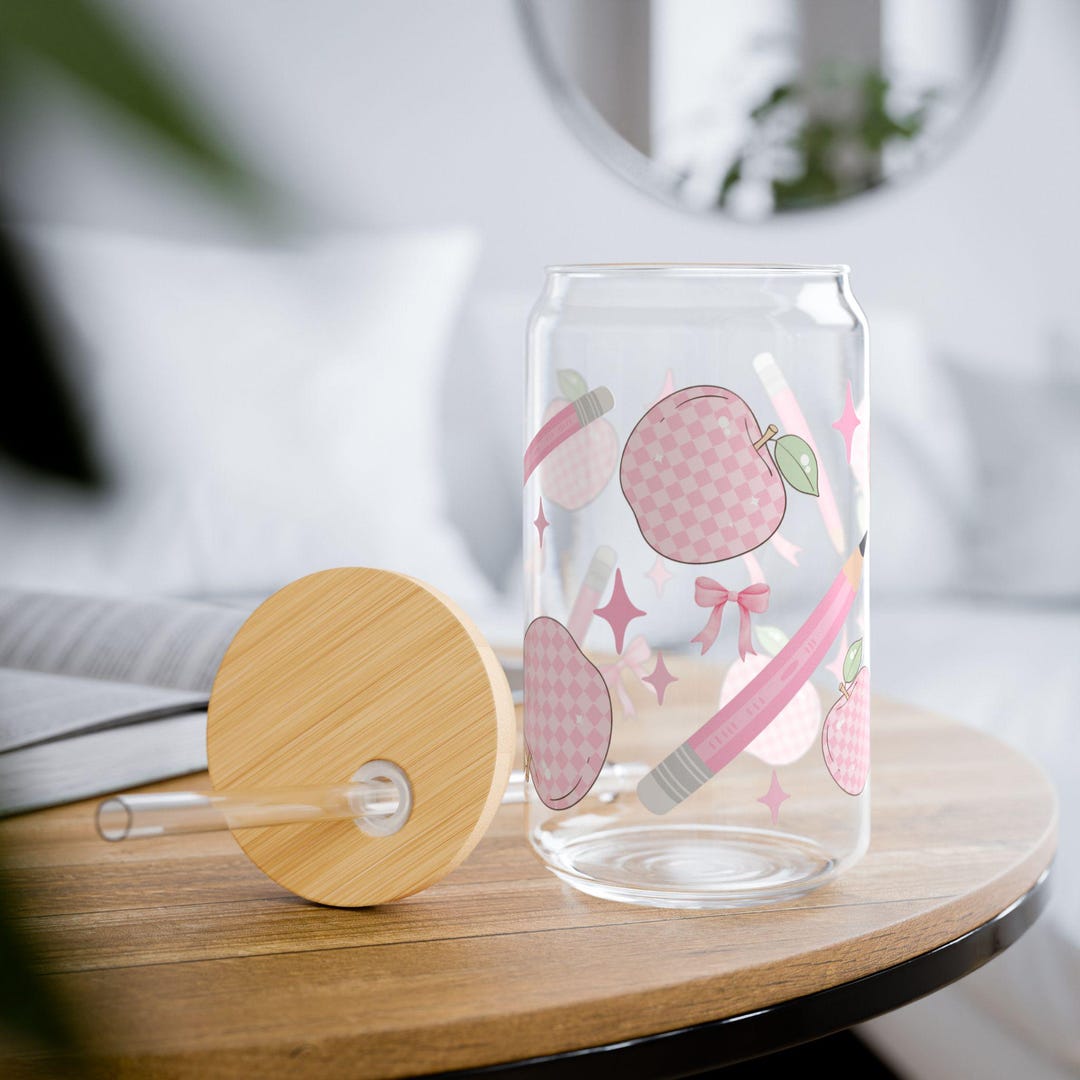 Preppy Pink School Libby Glass With Lid and Straw Sipper Glass - Etsy