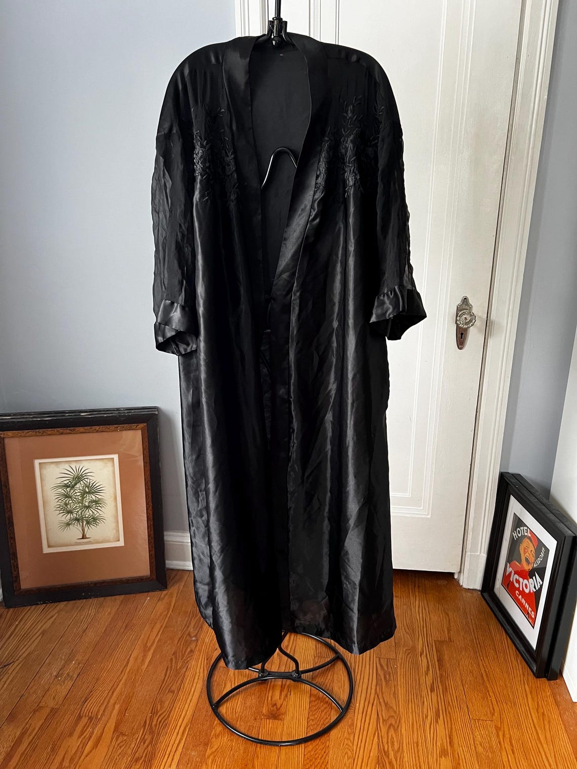 1990s Vintage Midnight Black Kimono Style Robe With Sheer Chest Panel ...