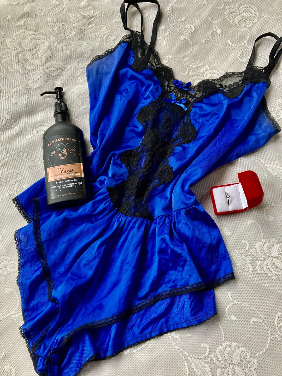 1990s Vintage Beautiful Deep Ocean Blue Teddy/body Suit With Black Lace ...