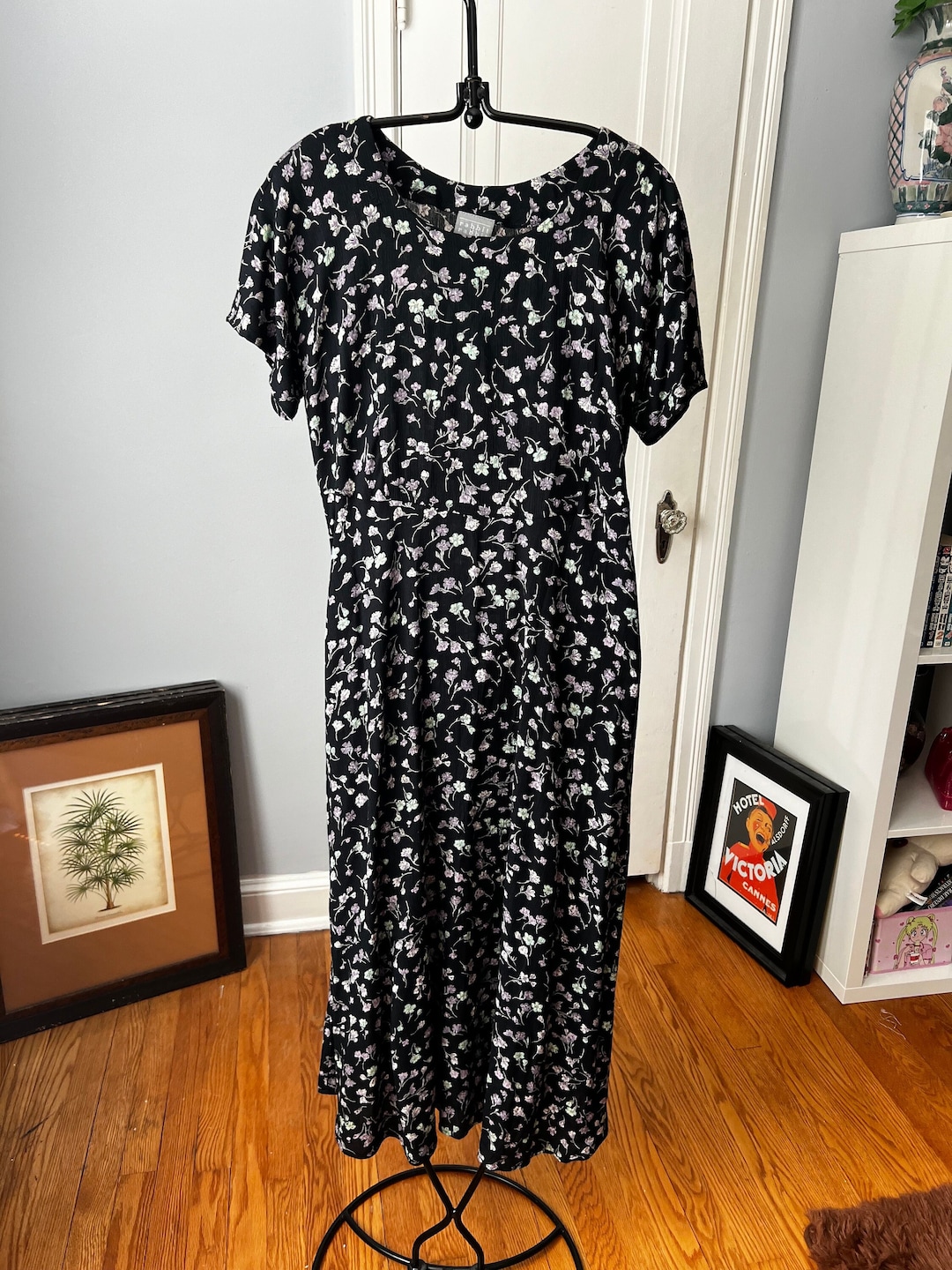 1990s Vintage Rabbit Rabbit Rabbit Designs Black Floral Dress | Size 12 ...