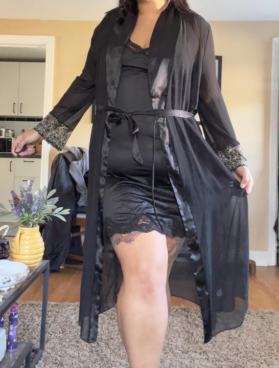 1990s Vintage Midnight Black Sheer Kimono Style Robe … - Gem