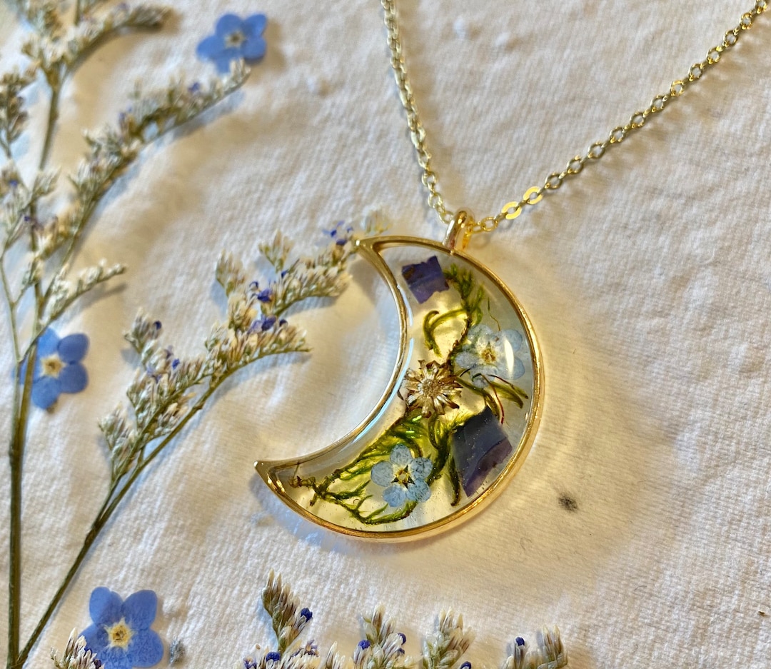 Forget-me-not Necklace, Crescent Moon Necklace, Blue Flower, Crescent ...