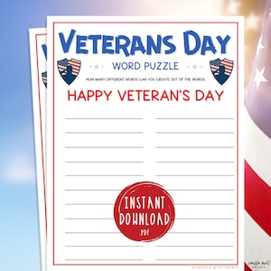 Veterans Day Word Puzzle Game | Printable Veterans Day Party Games ...