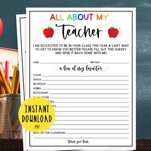 Back to School All About My Teacher Survey | Beginning of School Year ...