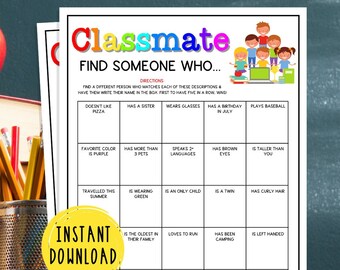 Find the Classmate Bingo Printable Back to School Classroom Icebreaker ...