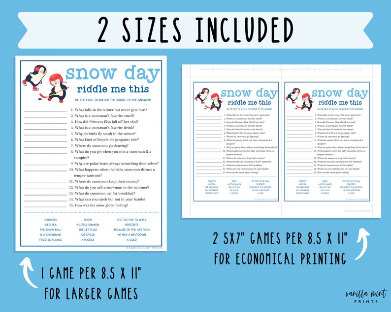 Snow Day Riddle Me This Game Fun Printable Winter Game - Etsy