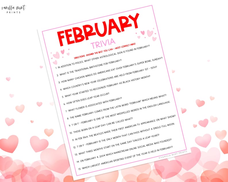 February Trivia Game Printable Month Party Games - Etsy
