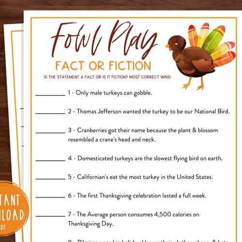 Thanksgiving Trivia Game Fowl Play Turkey Trivia - Etsy