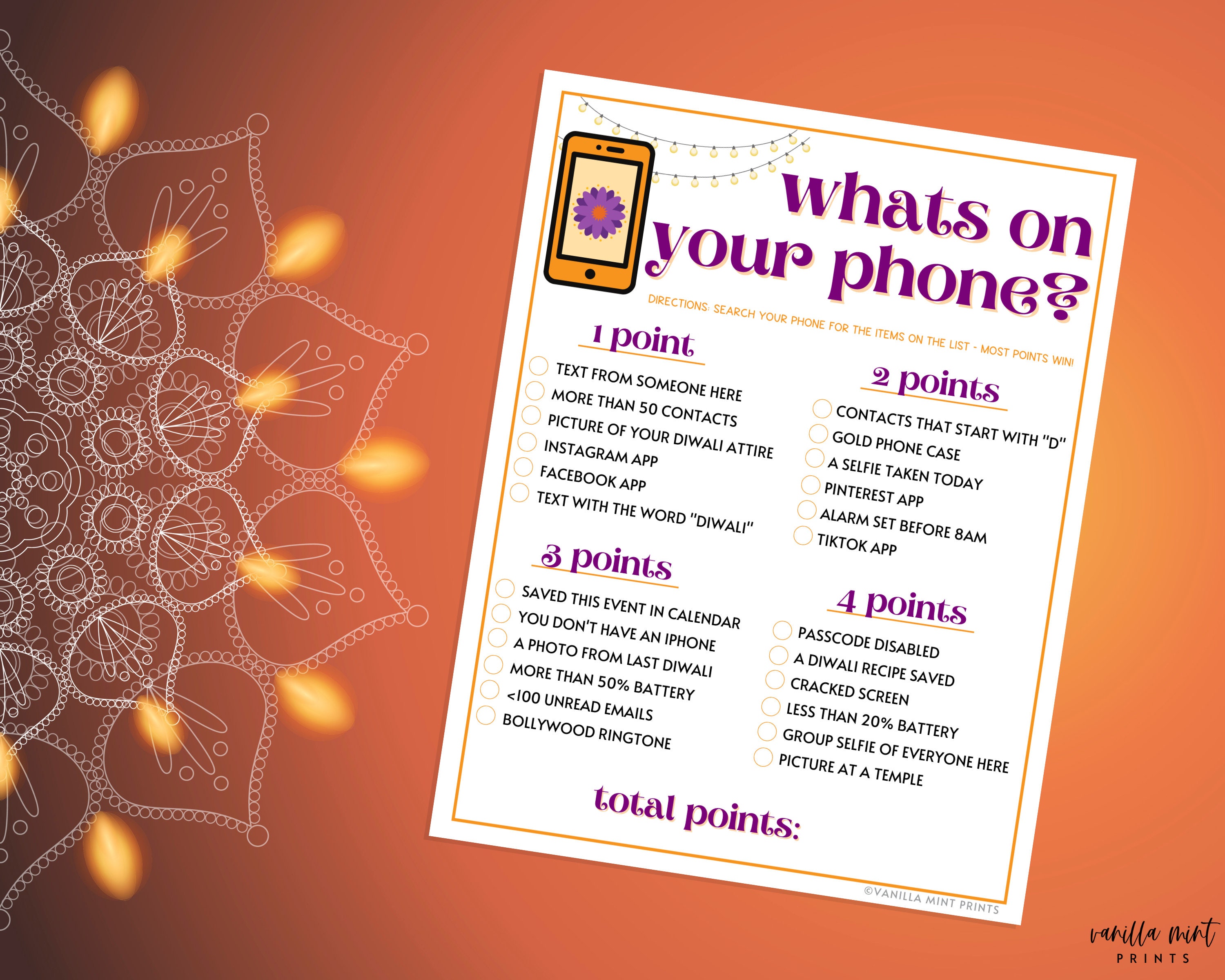 Diwali Whats on Your Phone | Printable Festival of Lights Party Games ...