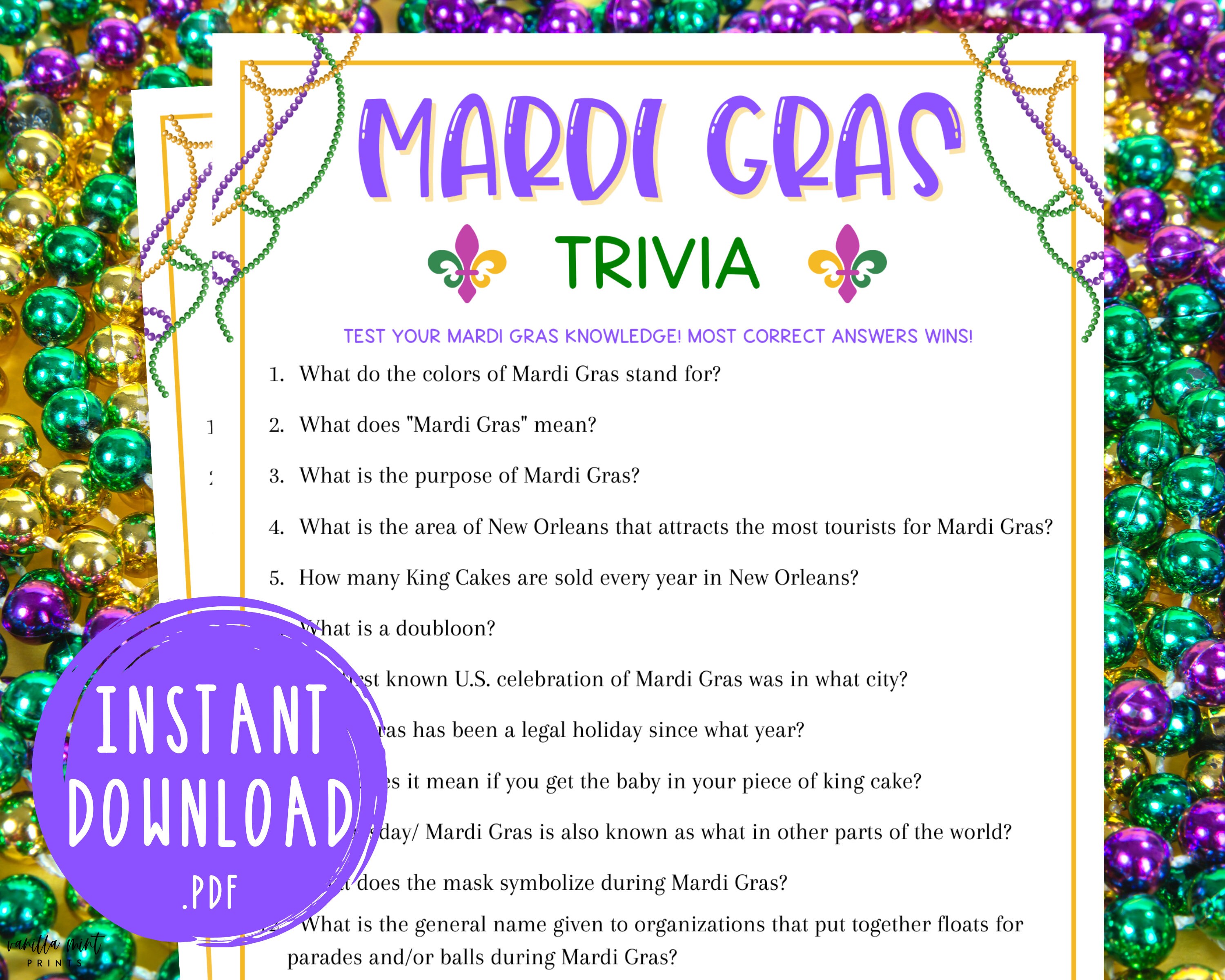 Mardi Gras Trivia Game Fat Tuesday Party Games Carnival | Etsy