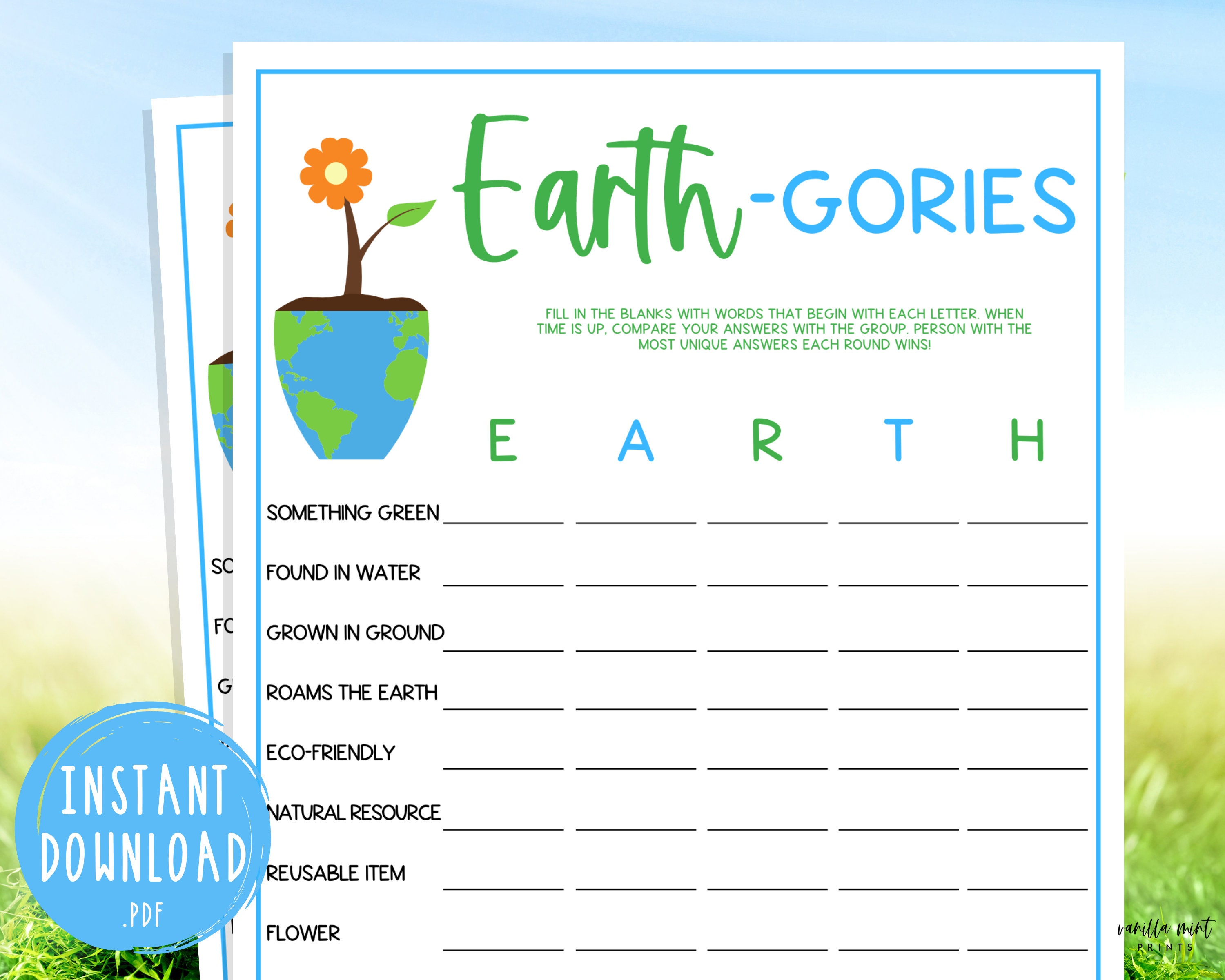 Earth Day Scattergories Game Fun Printable Spring Games | Etsy