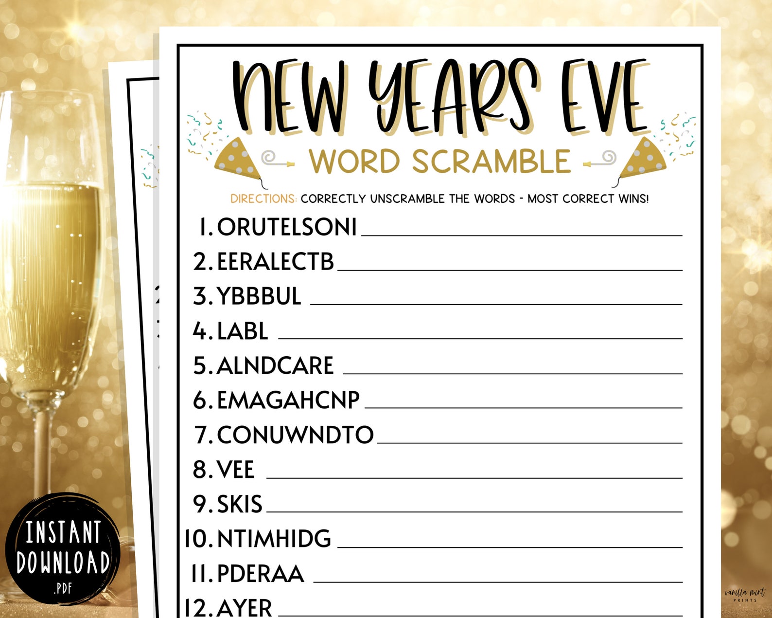 New Years Eve Word Scramble Game New Years Printable Games | Etsy