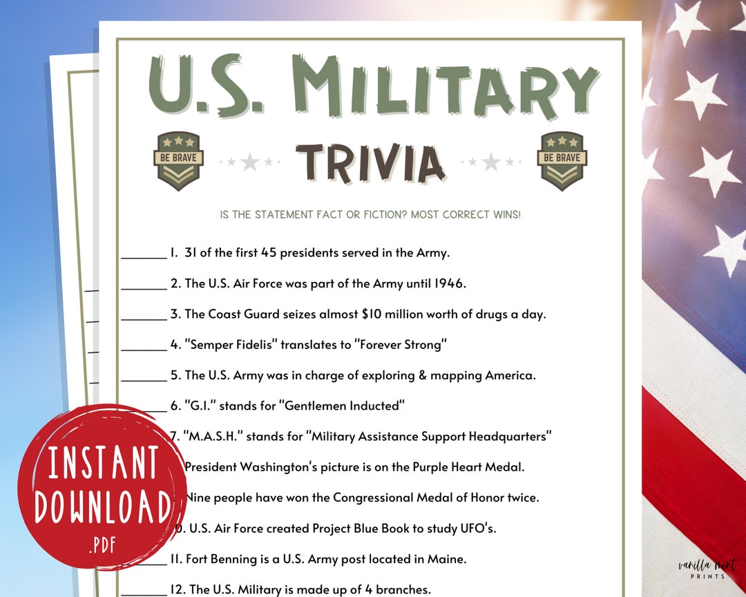 U.S. Military Trivia Game | Memorial Day Printable Party Games ...