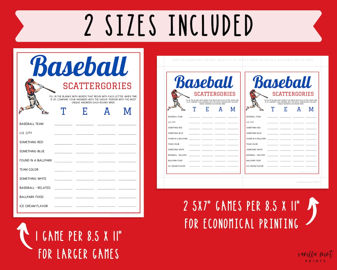 Baseball Scattergories Game Printable Baseball Team Party - Etsy