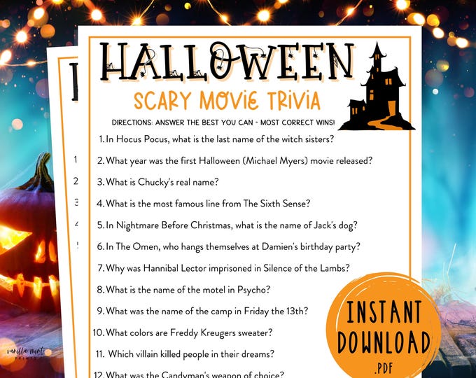 Halloween Trivia Game, Halloween Printable Games, Scary Movie Trivia ...
