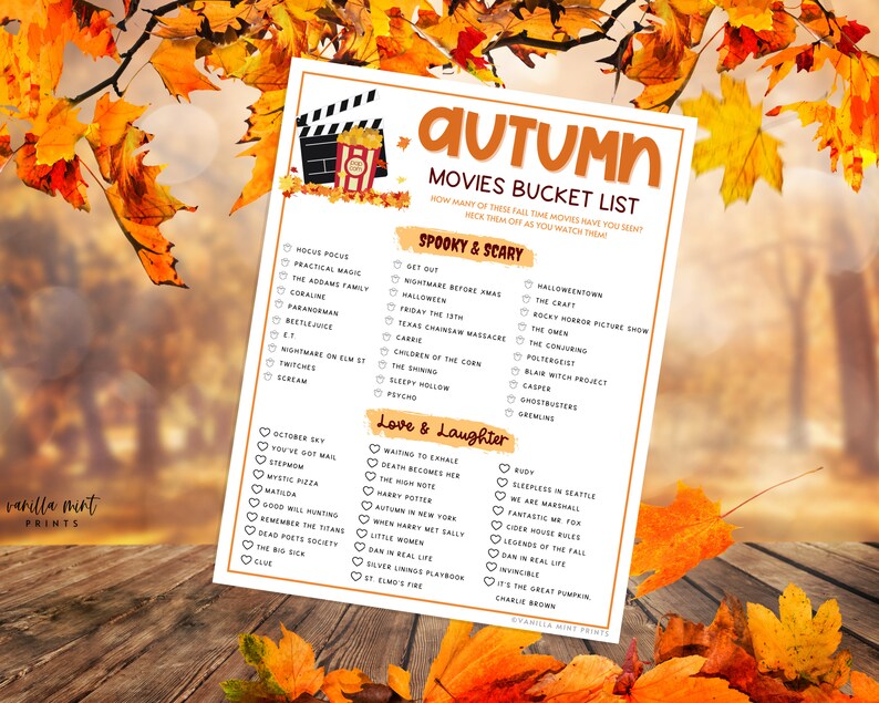 Fall Movie Bucket List Game Printable Autumn Movies Fall | Etsy