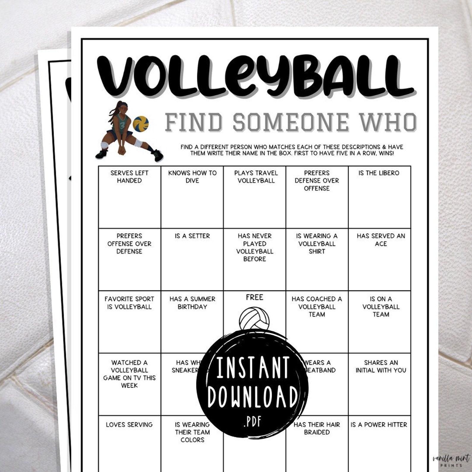 Volleyball Find Someone Who Game Printable Volleyball Team Party Games ...
