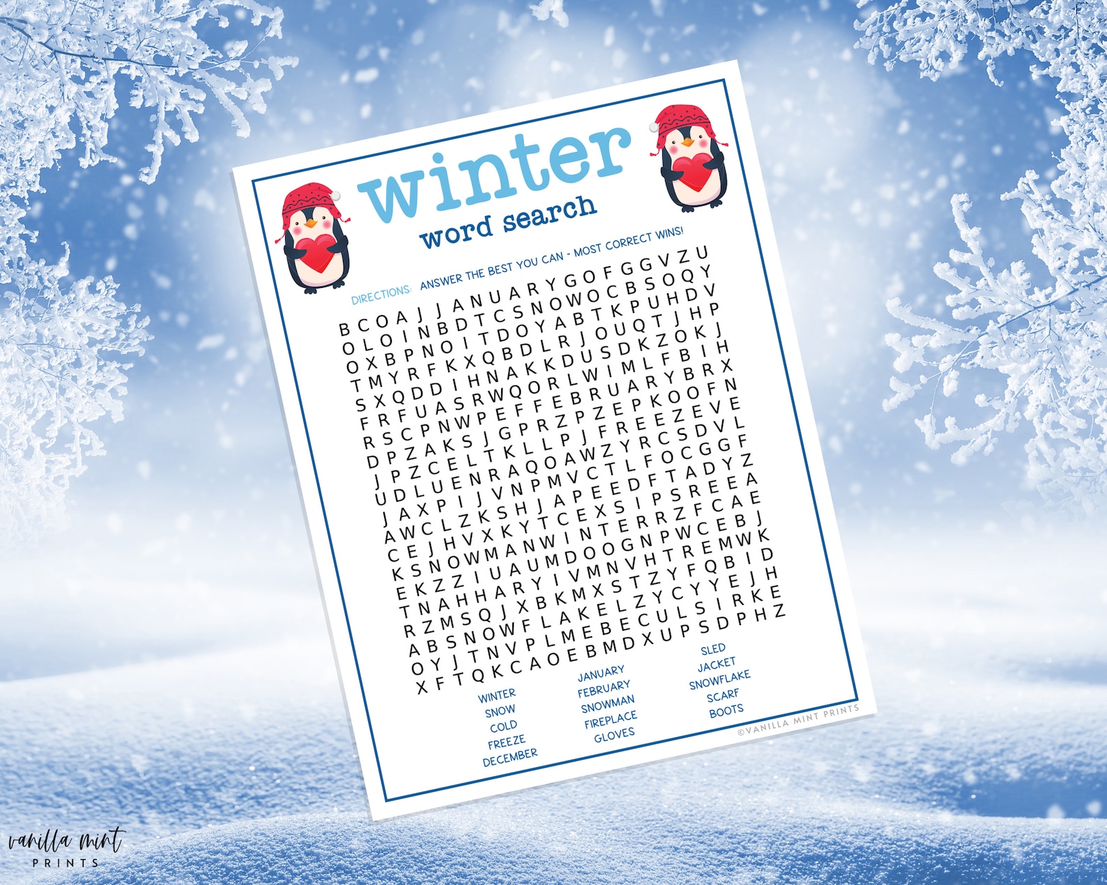 Winter Word Search Game Fun Printable Winter Games | Etsy