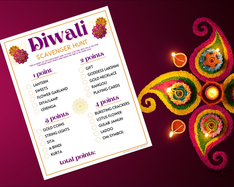 Diwali Scavenger Hunt Game | Printable Festival of Lights Party Games ...
