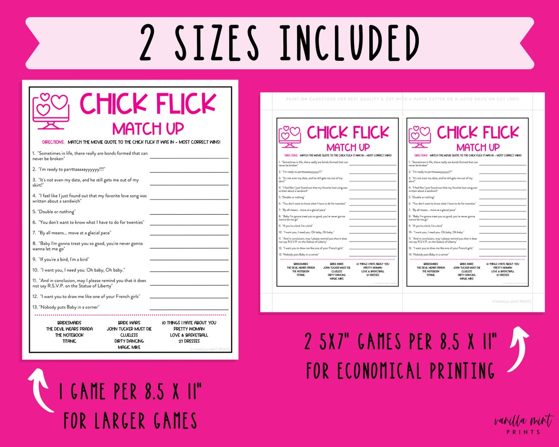 Chick Flick Match up Game Ladies Night Party Games Fun - Etsy